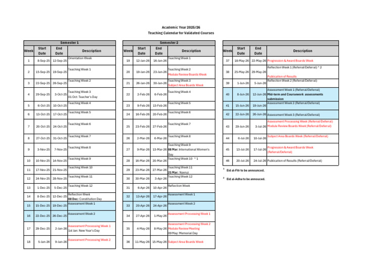 2025-26 Teaching Calendar For Validated Courses | PDF | Educational ...