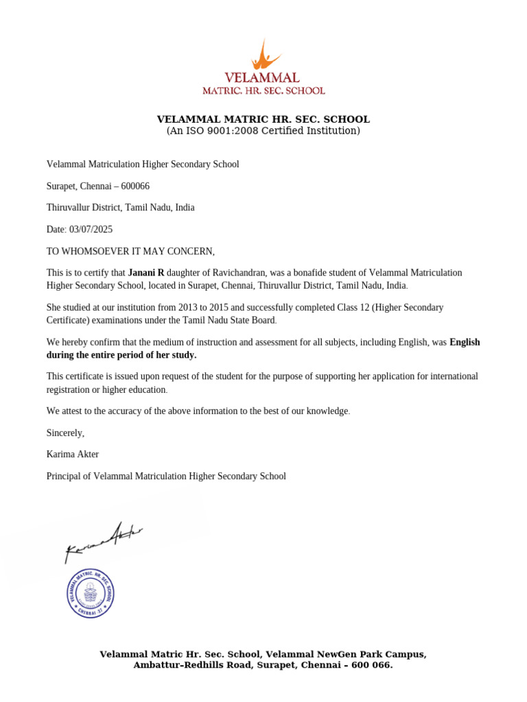 Janani R's Student Certification Letter | PDF