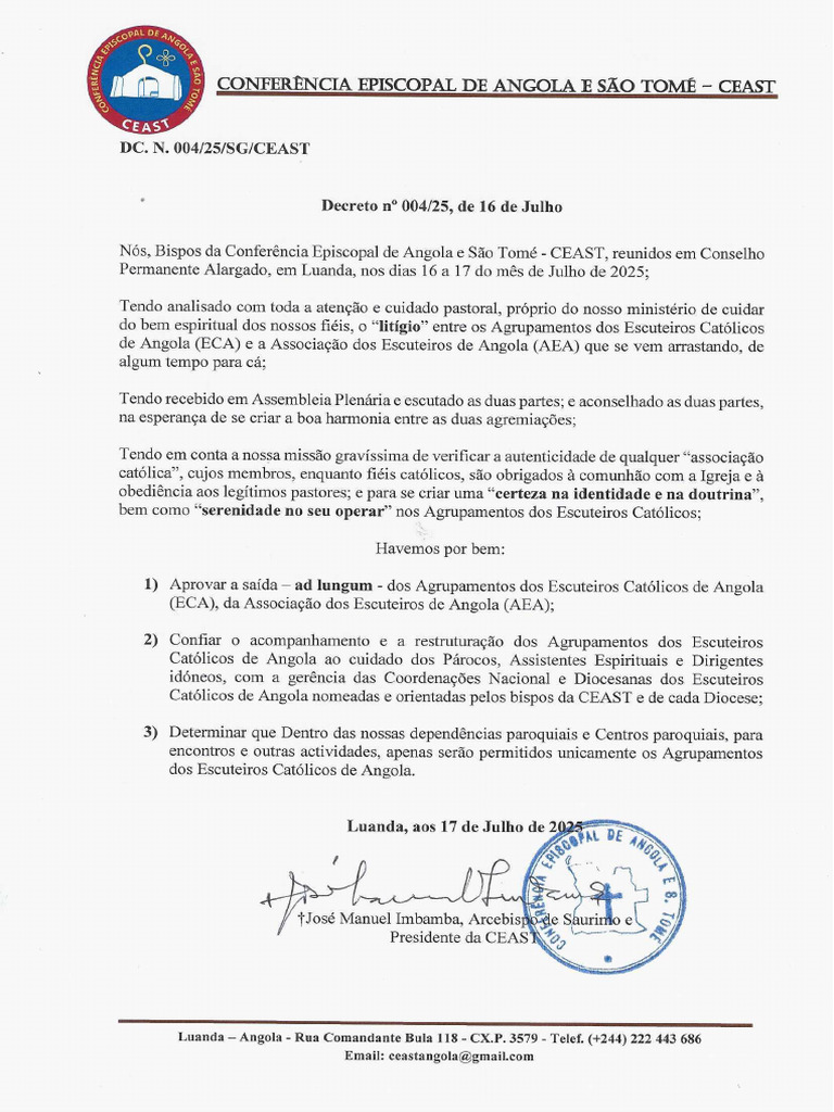 CEAST - Decreto Que Aprova A Saída Dos Escuteiros Católicos de Angola ...