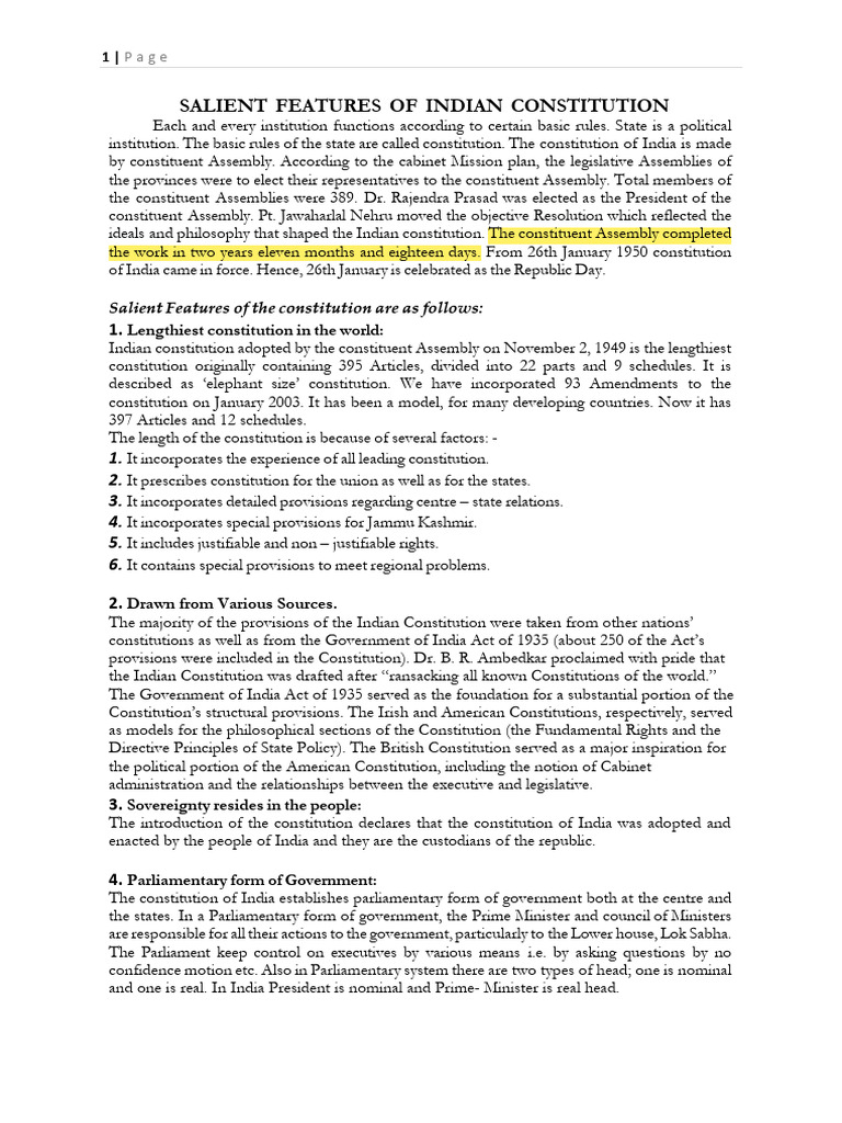 Salient Features of the Indian Constitution | PDF | Constitution ...