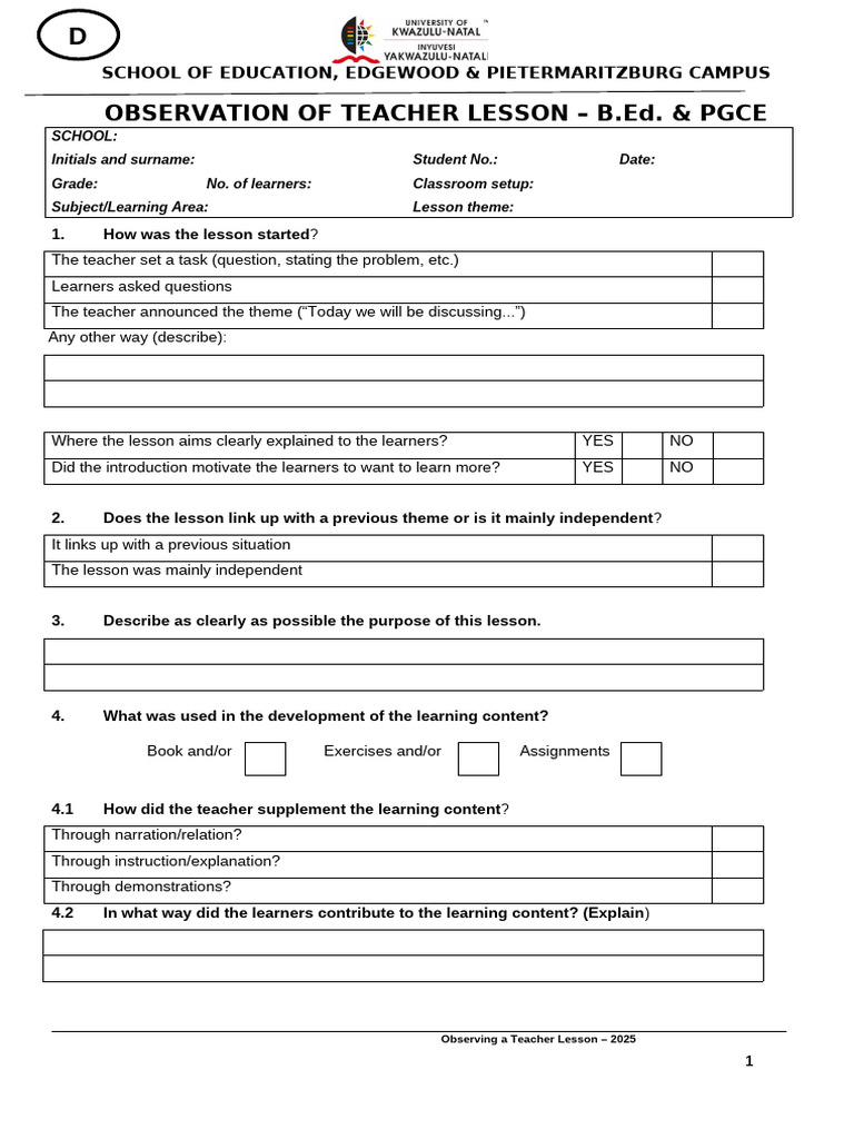 Teacher Lesson Observation Template | PDF | Teachers | Learning