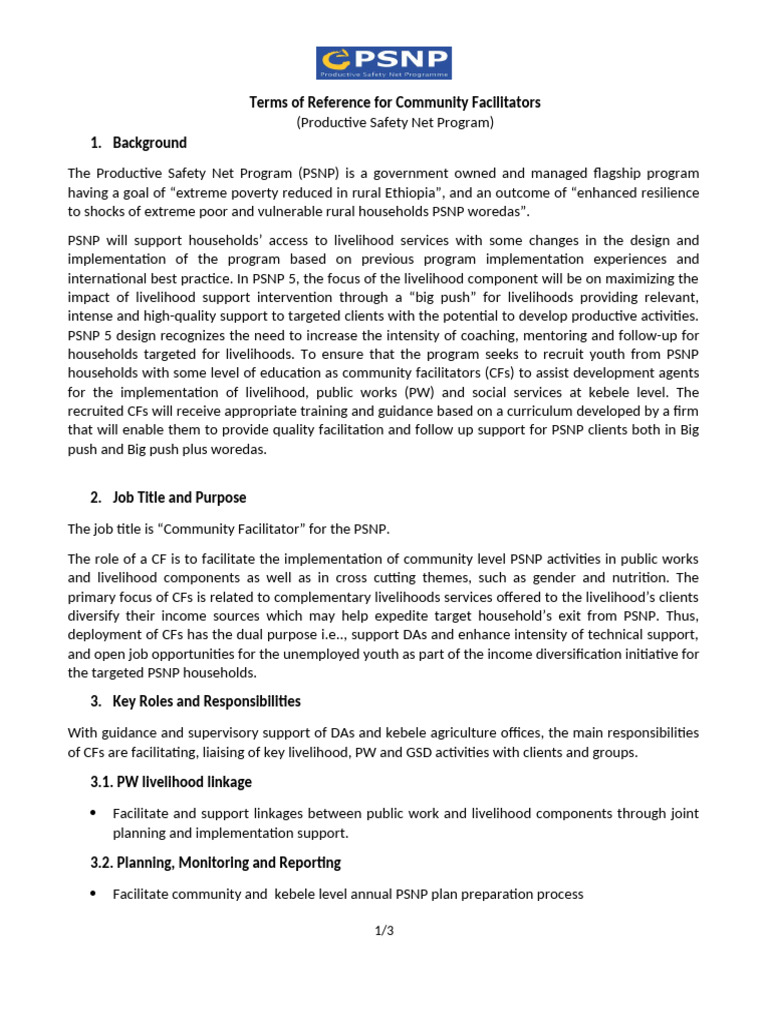Community Facilitator Role in PSNP | PDF | Poverty | Poverty & Homelessness