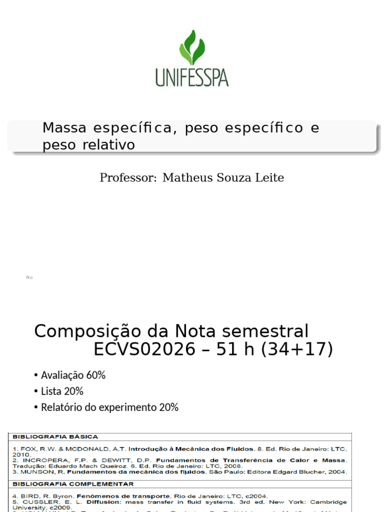 Massa e Peso Específico na Hidrostática | PDF | Densidade | Quilograma