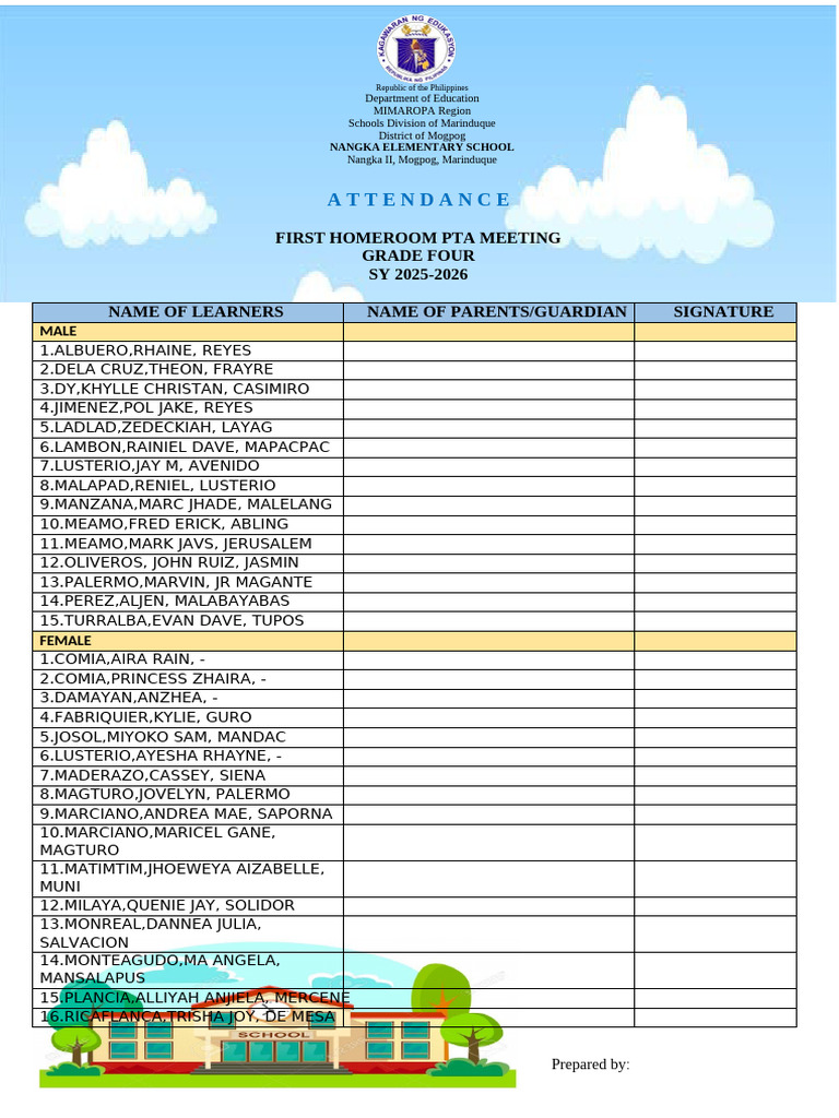Grade 4 PTA Meeting Attendance List | PDF
