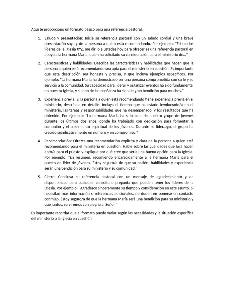 Aquí Te Proporciono Un Formato Básico Para Una Referencia Pastoral | PDF