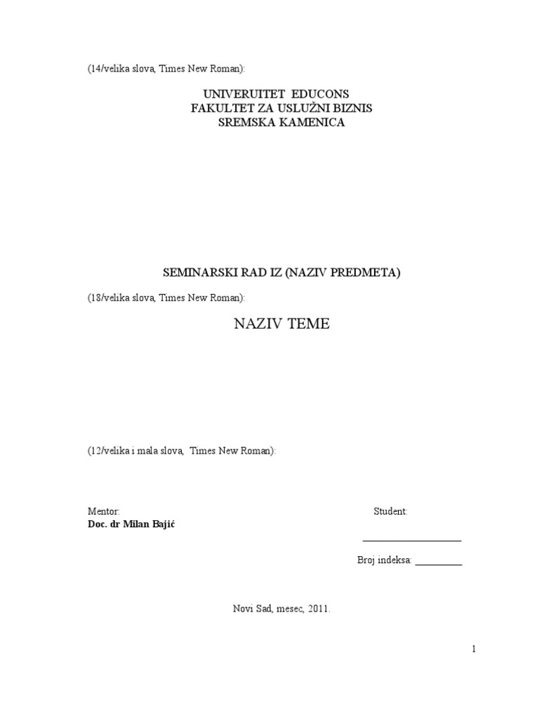 Primer Za Izradu Naslovne Strane Seminarskog Rada I Forma Izrade - Fabus | PDF