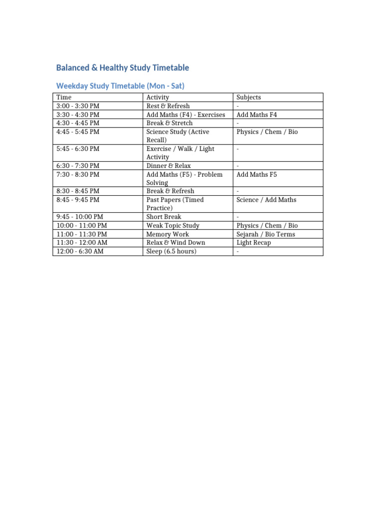 Healthy Balanced Study Timetable | PDF