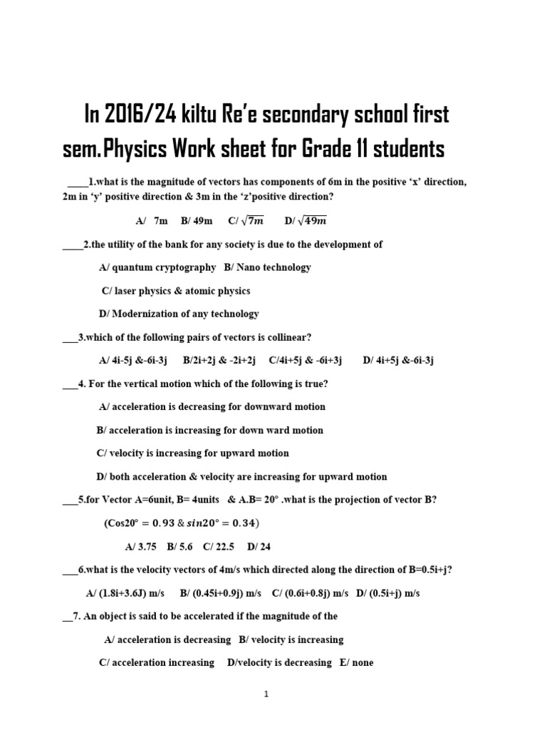 Grade 11 Physics Worksheet Questions | PDF | Acceleration | Force