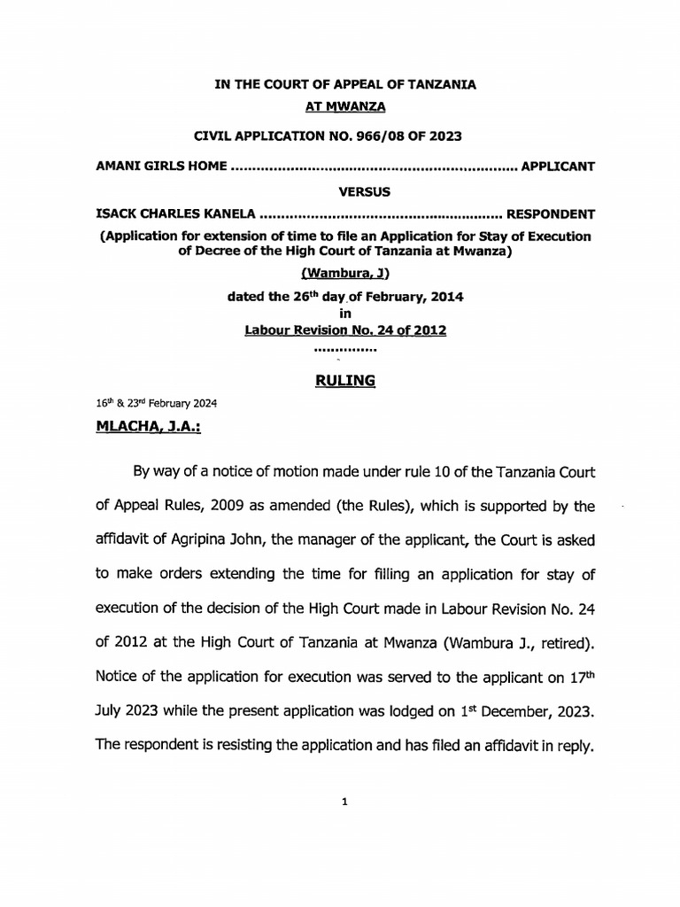 Amani Girls Home Vs Isack Charles Kanela (Civil Application No 966 of ...