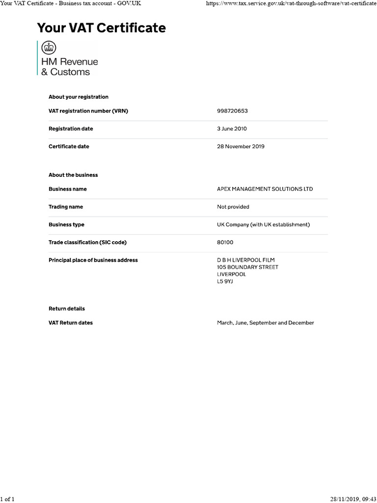 Apex VAT Certificate | PDF