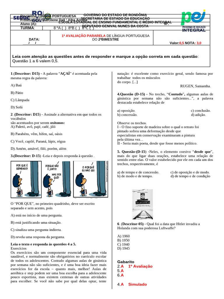 1º Avaliação Pararela Do 2º Bimestre 8º A, B e C. | PDF