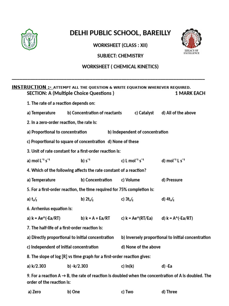 Class XII Chemistry Worksheet on Kinetics | PDF | Reaction Rate ...