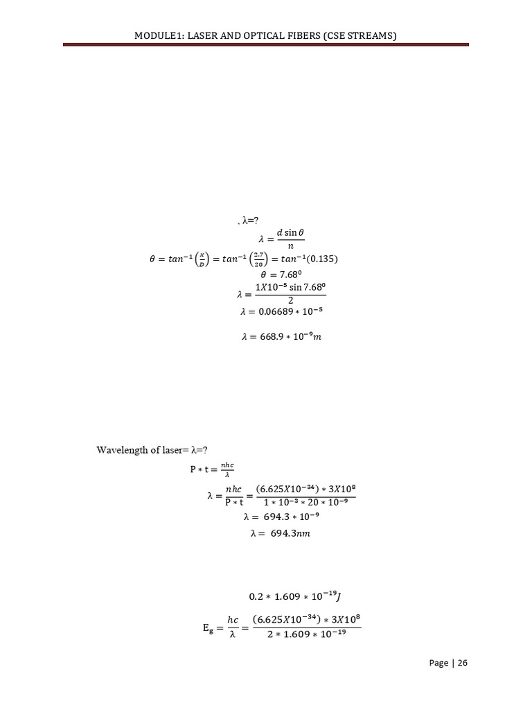 Solved Numerical Problems - Previous Years - Module 1 | PDF | Laser | Optical Fiber