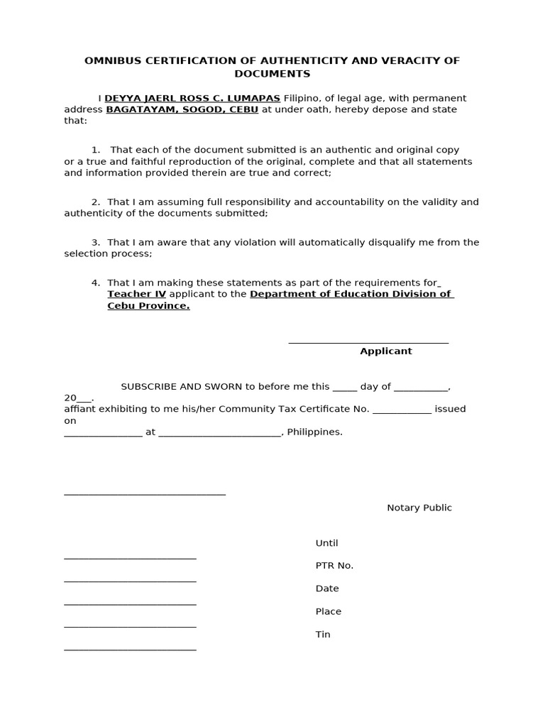 Omnibus Certification of Authenticity and Veracity of Documents | PDF