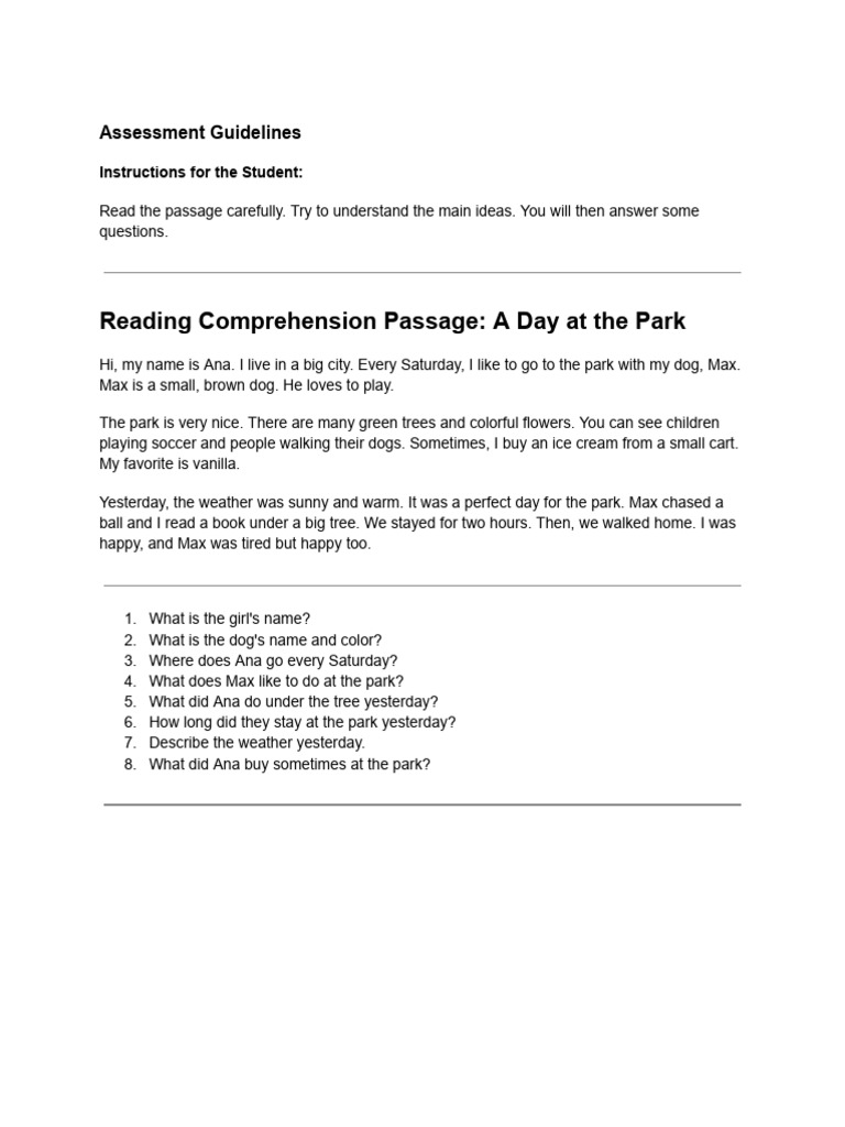 Reading Comprehension: A Day at the Park | PDF