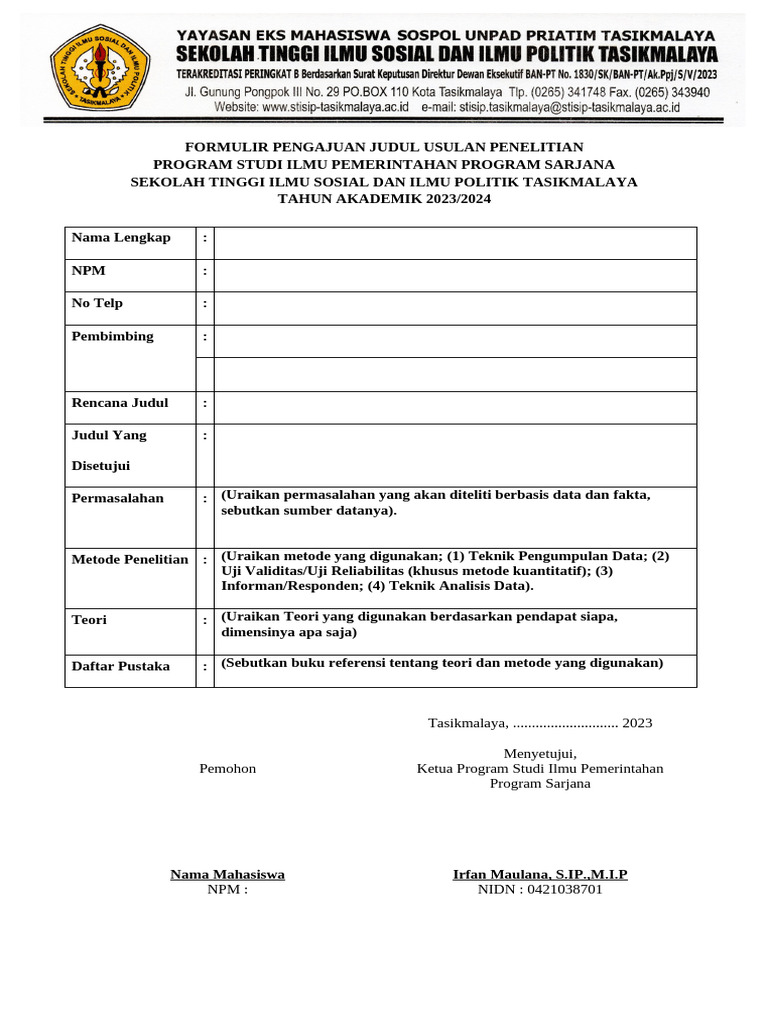 Formulir Pengajuan Judul Usulan Penelitian | PDF