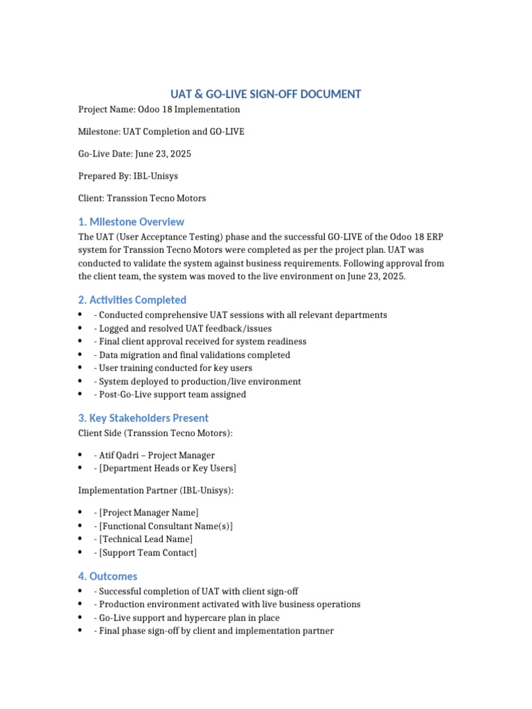 UAT Sign-Off for Odoo 18 at Transsion | PDF
