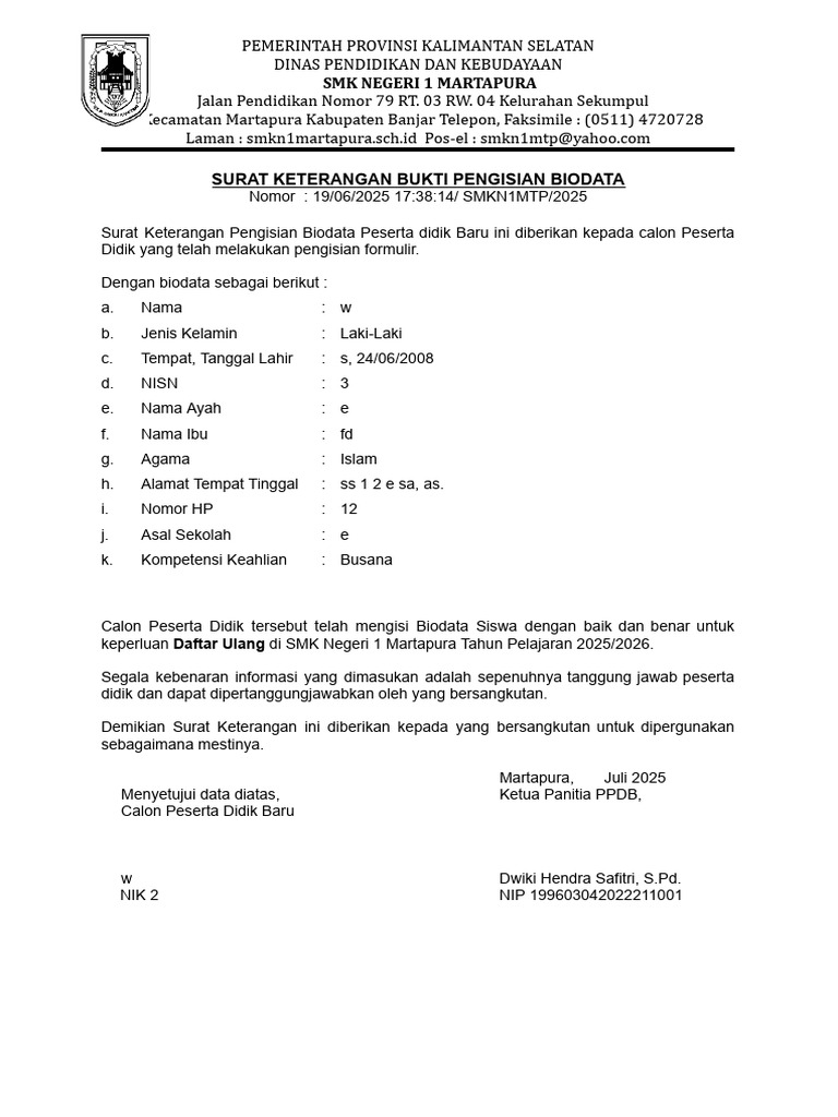 Bukti Pengisian Biodata PPDB - Nama Lengkap Siswa | PDF