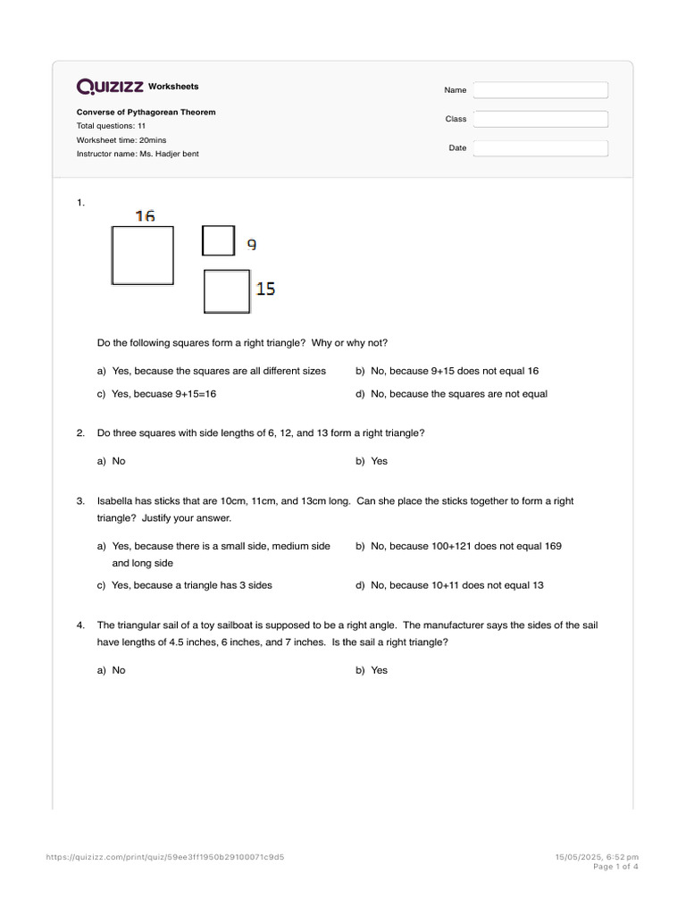 Converse of Pythagorean Theorem Worksheet | PDF | Triangle | Rectangle