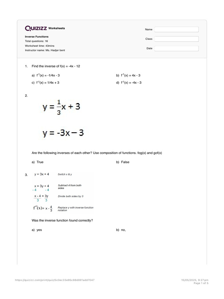 10-7 Inverse Functions - Quizizz | PDF | Chess Theory | Chess