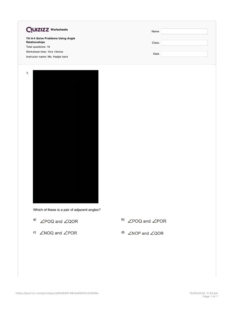 7th 8 4 Solve Problems Using Angle Relationships Quizizz Pdf