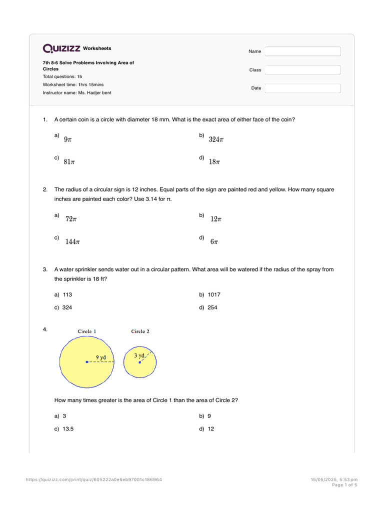7th 8-6 Solve Problems Involving Area of Circles | Quizizz | PDF | Area ...
