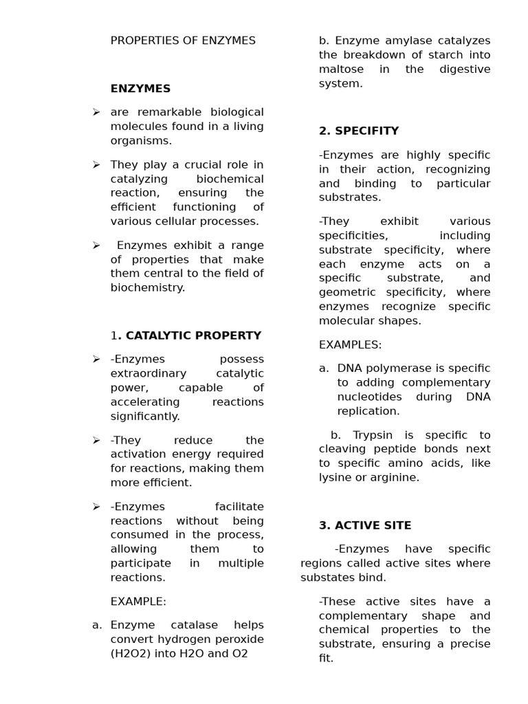 Key Properties of Enzymes Explained | PDF | Enzyme | Active Site