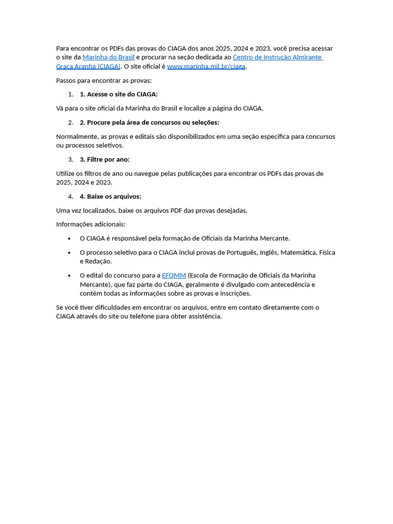 Provas CIAGA 2025: Acesso e Download | PDF