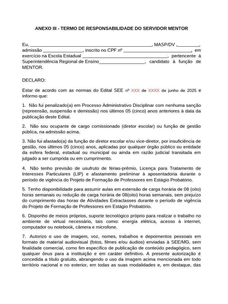 Anexo Iii - Termo de Responsabilidade Do Servidor Mentor | PDF