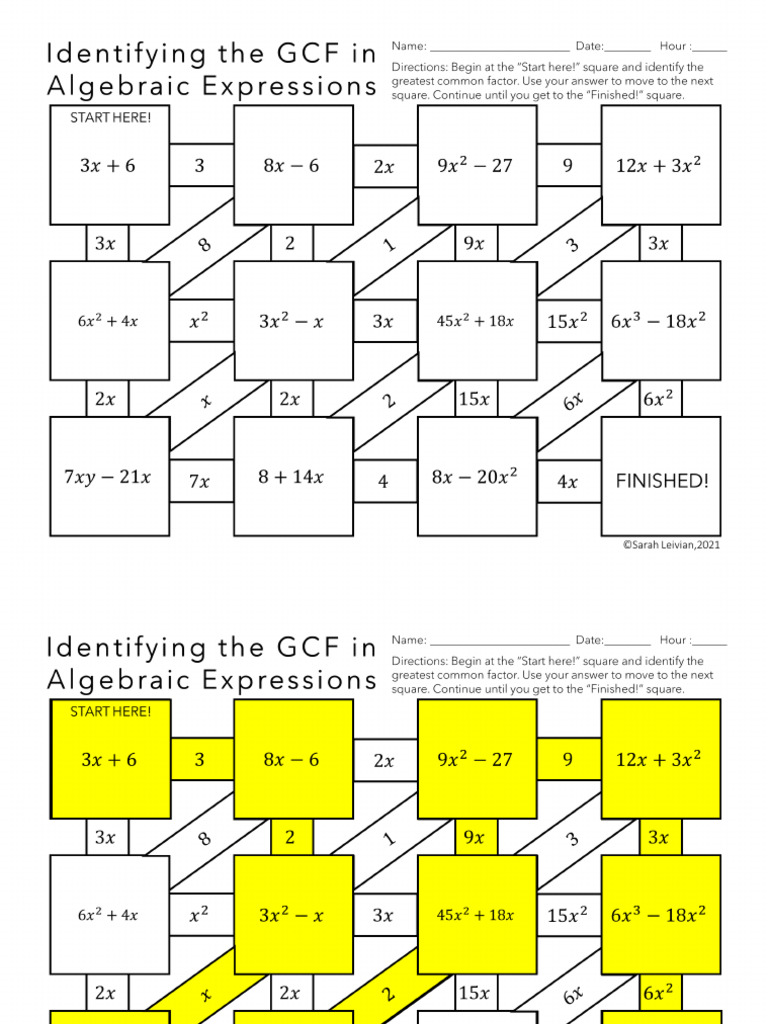 Identifying GCF in Algebraic Expressions Maze - Printable | PDF