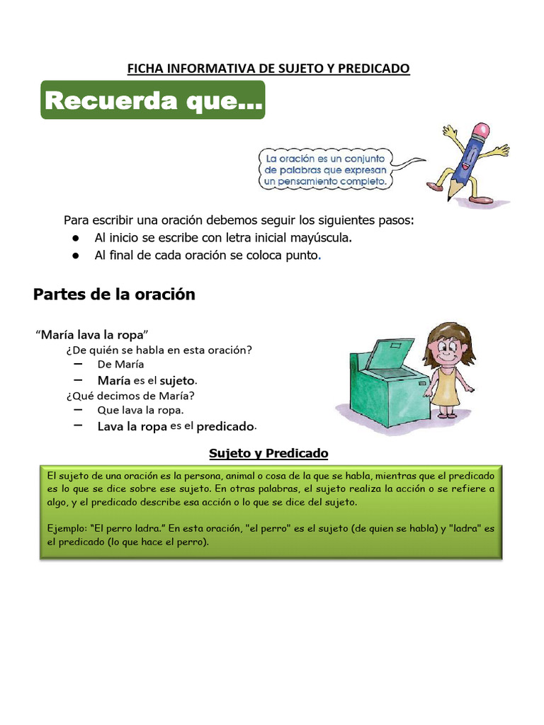 Fichas Informativa y Fichas de Trabajo Sujeto y Predicado 2do Primaria ...