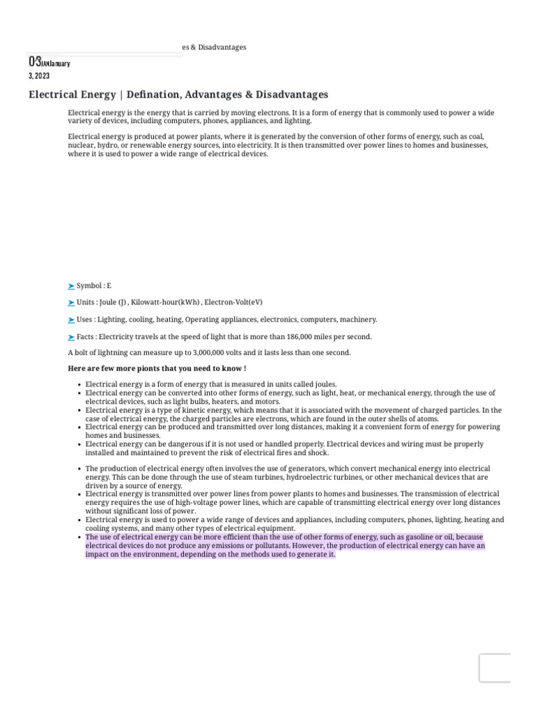 Electrical Energy - Defination, Advantages & Disadvantages ...
