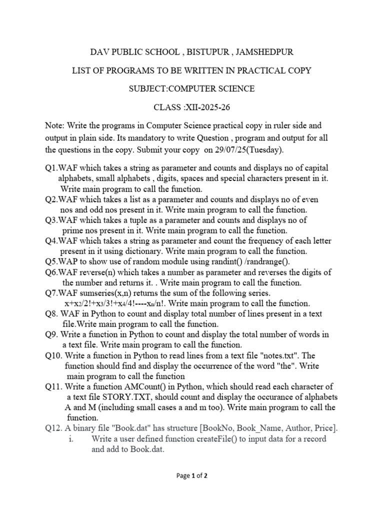 Class Xii Practical Copy Programs Term1!25!26 | PDF | Software ...