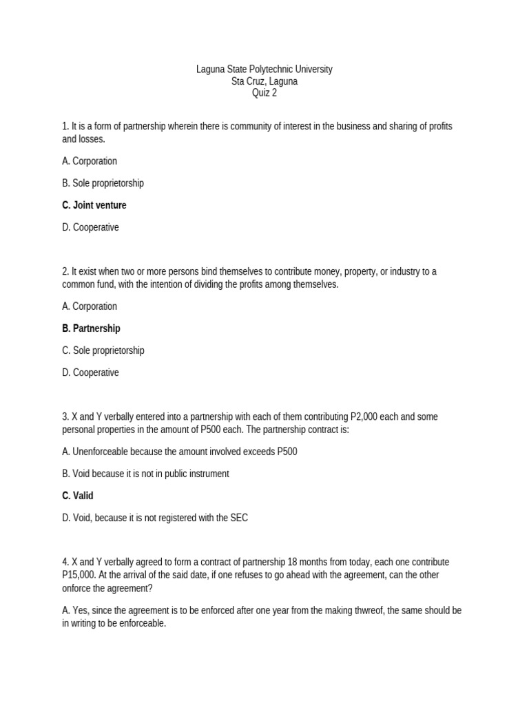 Partnership and Corporation Quiz Questions | PDF | Stocks | Corporations