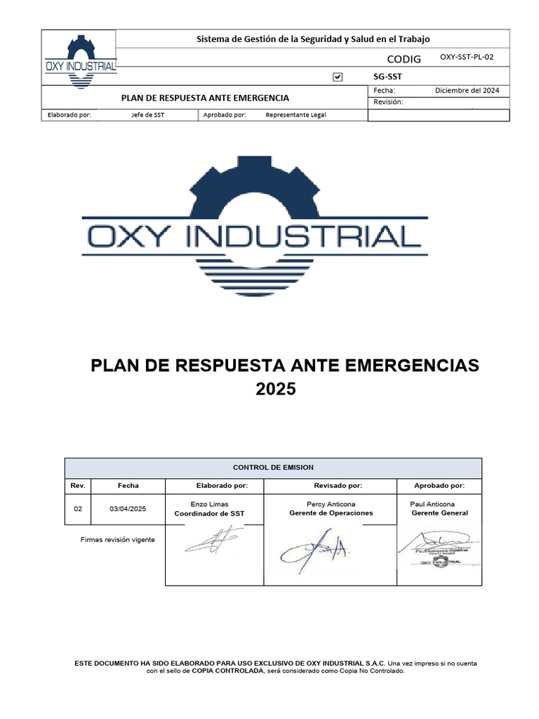 Plan de Emergencia OXY Industrial | PDF | Valores | Entorno natural