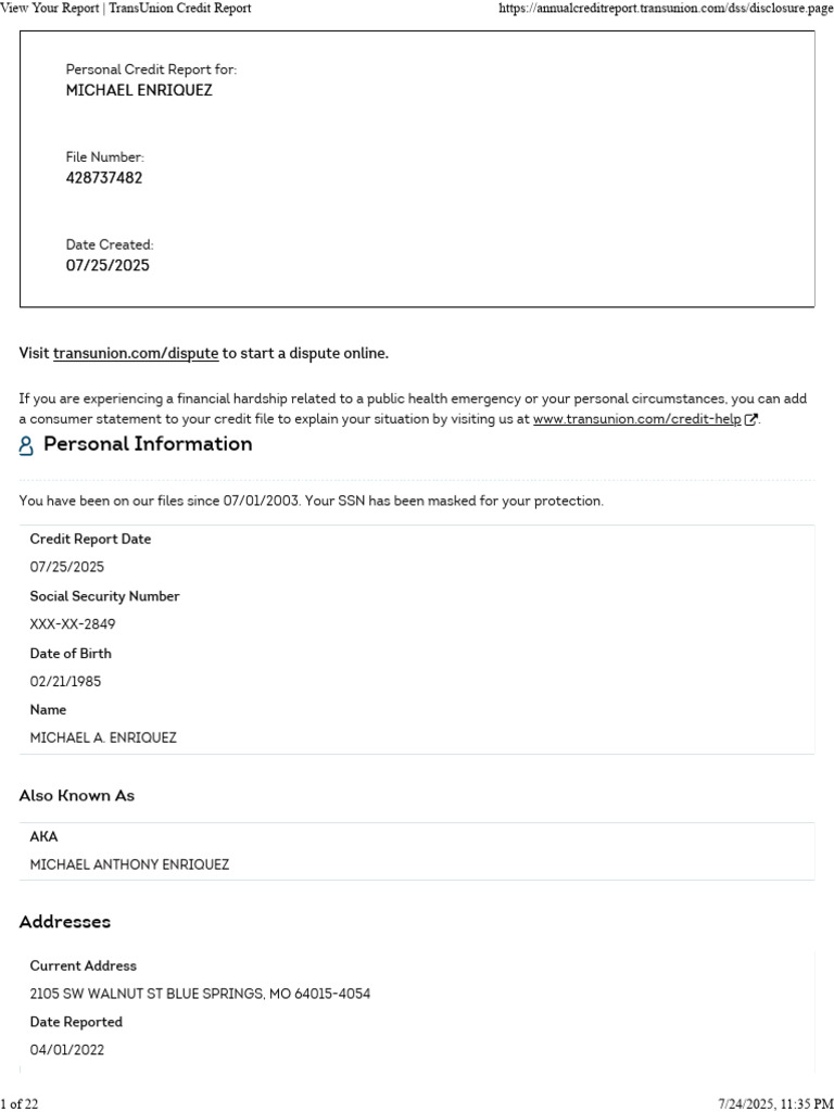 Personal Credit Report Overview | PDF | Credit History | Foreclosure