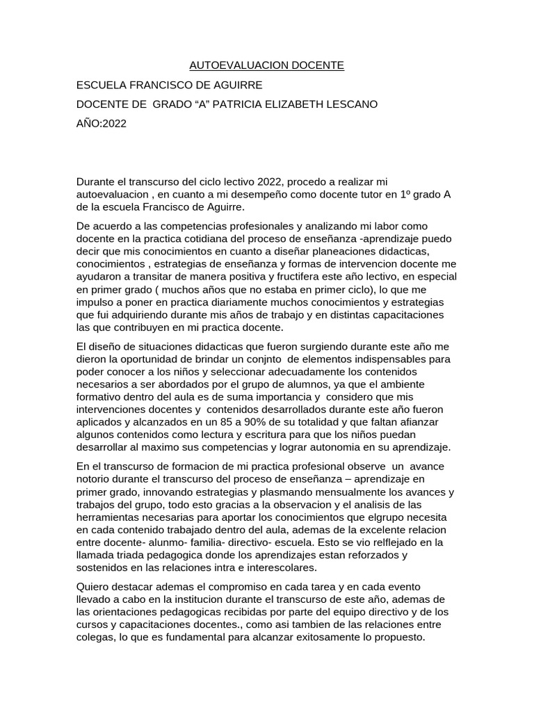 Autoevaluación Docente 2022 en 1º Grado | PDF | Enseñando | Maestros