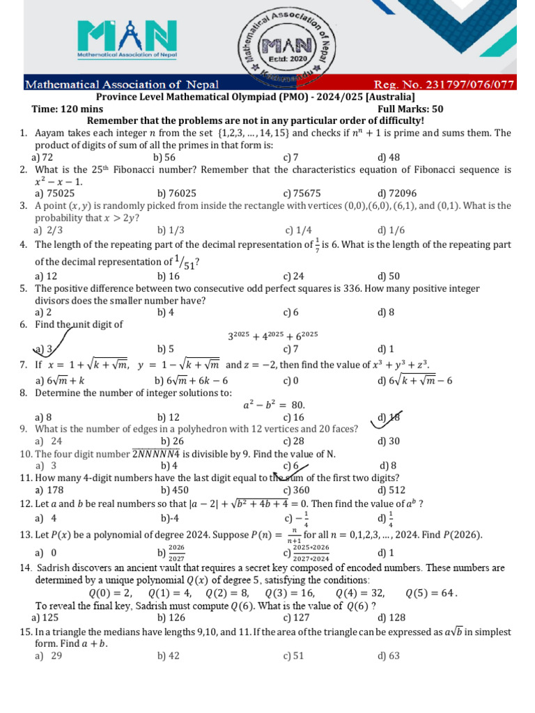 Province Level Mathematical Olympiad 2025 Final | PDF | Arithmetic | Number Theory