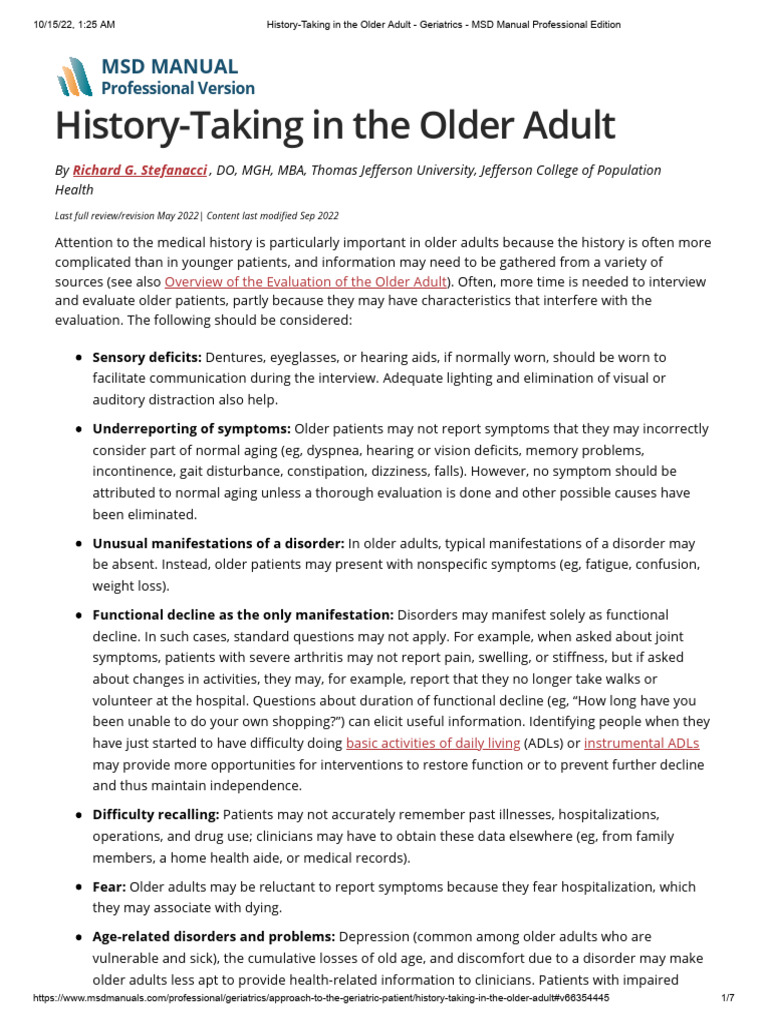 History-Taking in the Older Adult - Geriatrics - MSD Manual Professional Edition | PDF | Major ...