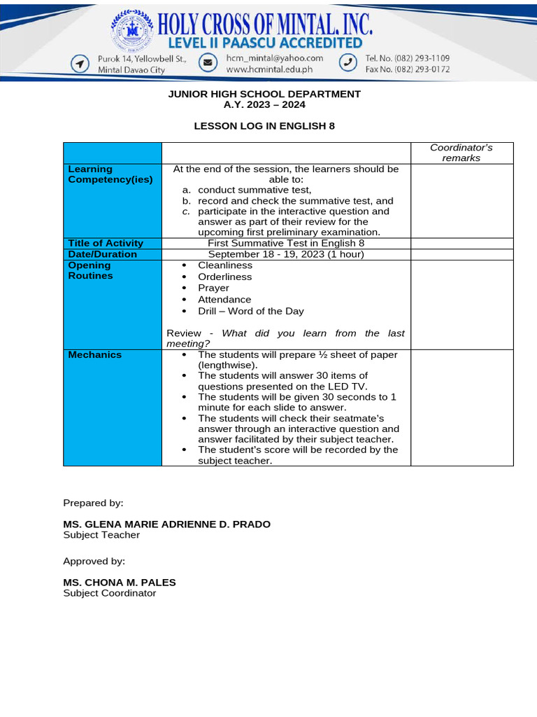 Lesson Log in g8 Summative Test | PDF