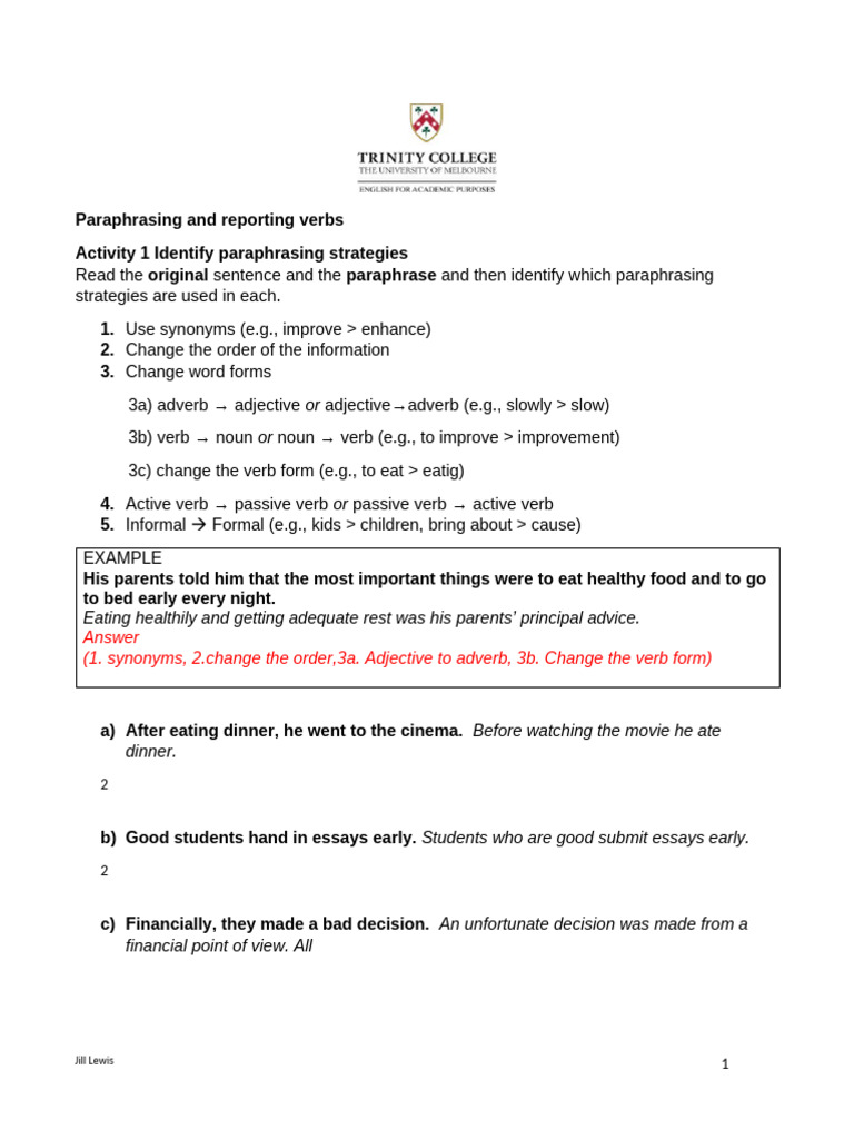 Paraphrasing Task | PDF