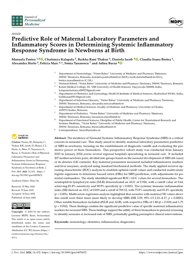 Maternal Biomarkers Predicting Newborn SIRS | PDF | Receiver Operating ...