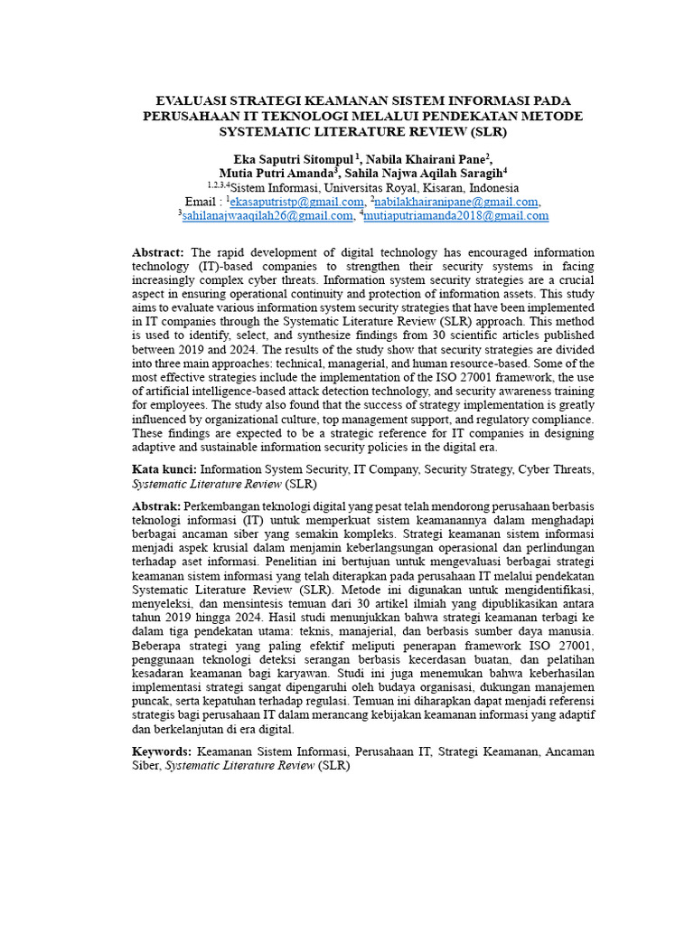 Evaluasi Strategi Keamanan Sistem Informasi Pada Perusahaan It Teknologi Melalui Pendekatan ...