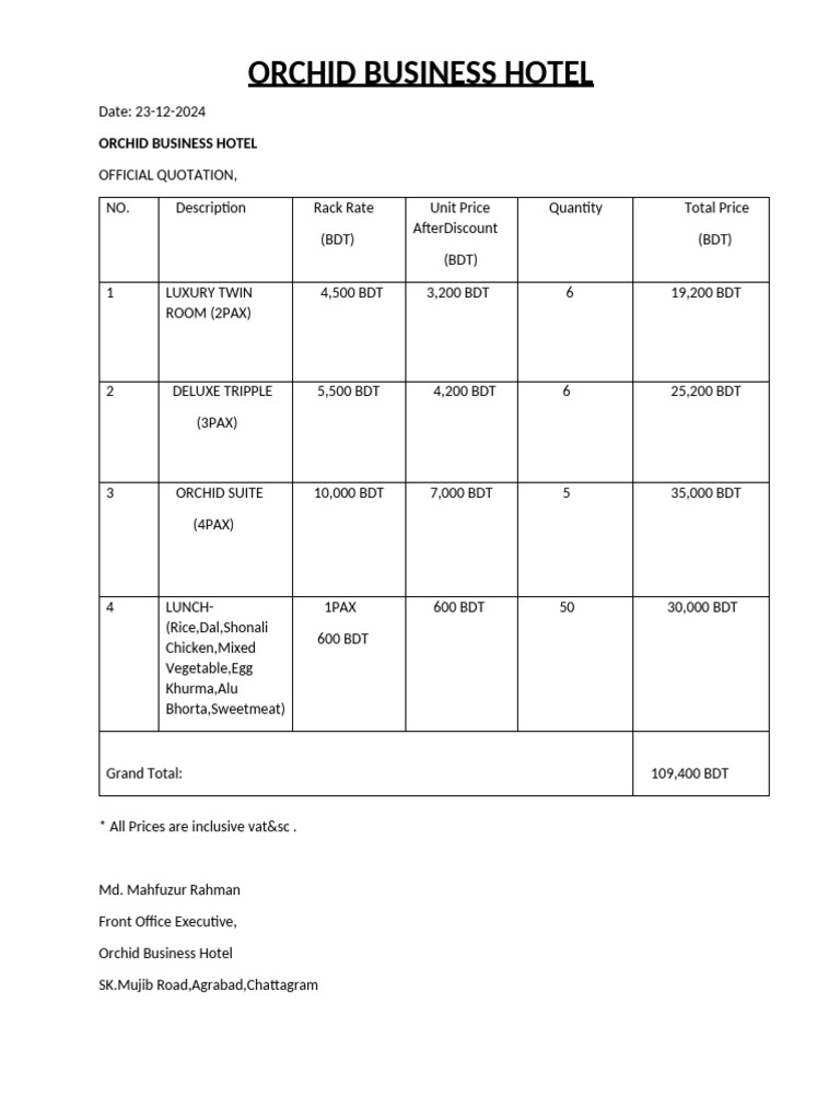 Orchid Business Hotel Quotation | PDF