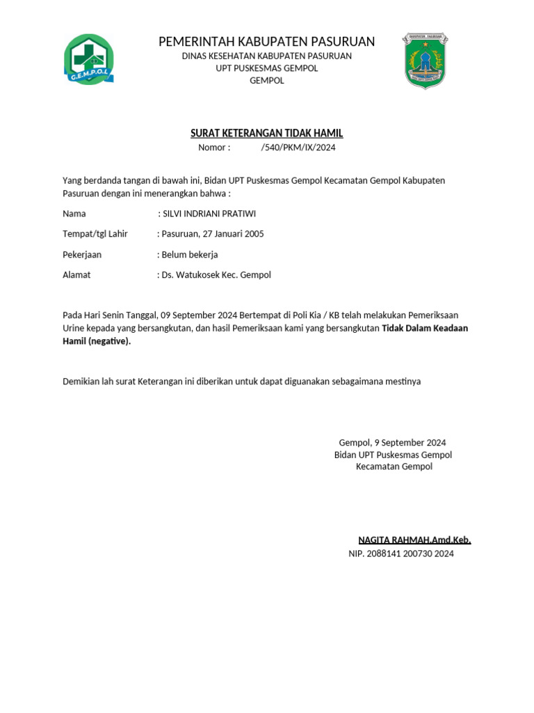 Surat Keterangan Tidak Hamil Gempol | PDF