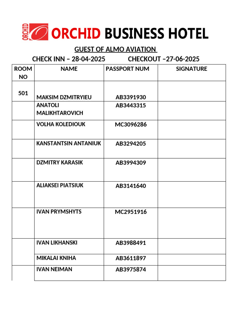 Guest Check-In List for Almo Aviation | PDF
