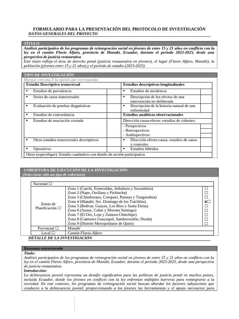 Formato protocolo de investigación | PDF | Sustentabilidad | La justicia restaurativa
