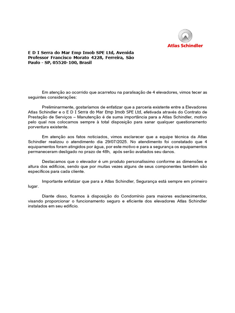 Informativo Elevador Parado Atlas Schindler | PDF