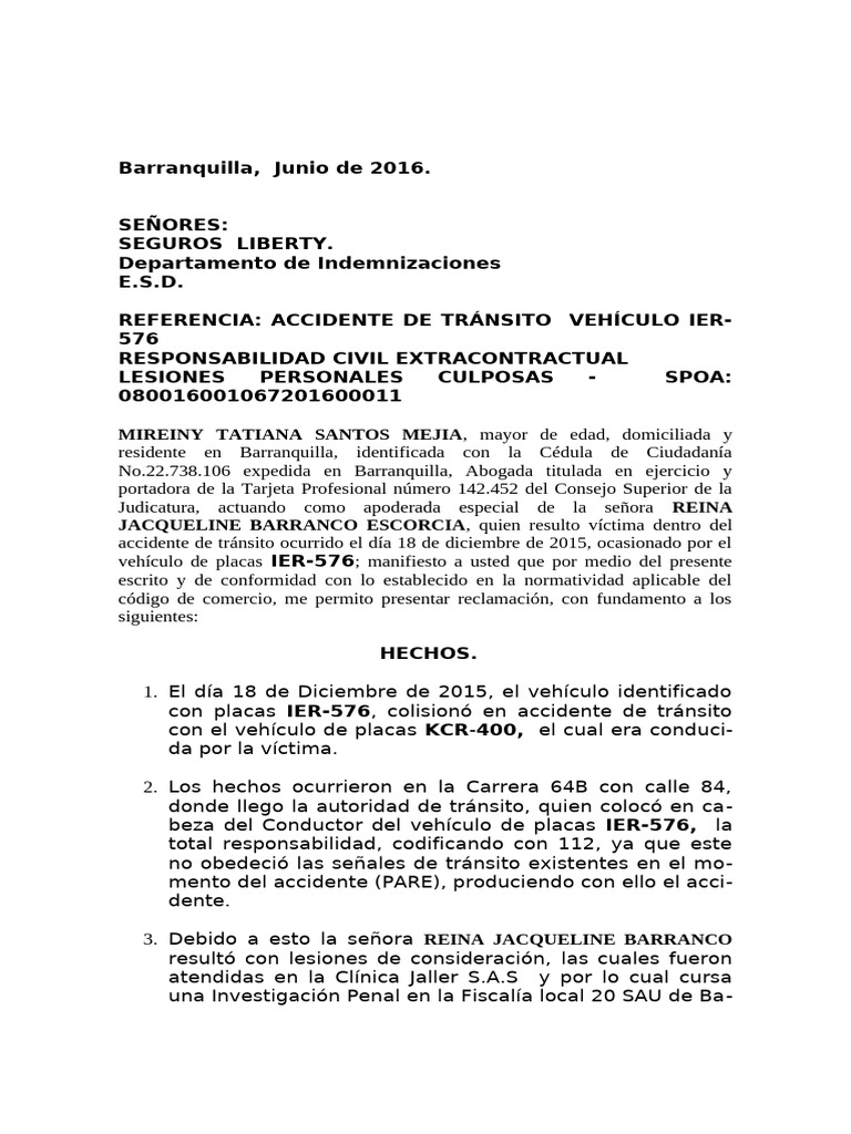 Reclamacion Reina Barranco Liberty | PDF | Daños y perjuicios ...