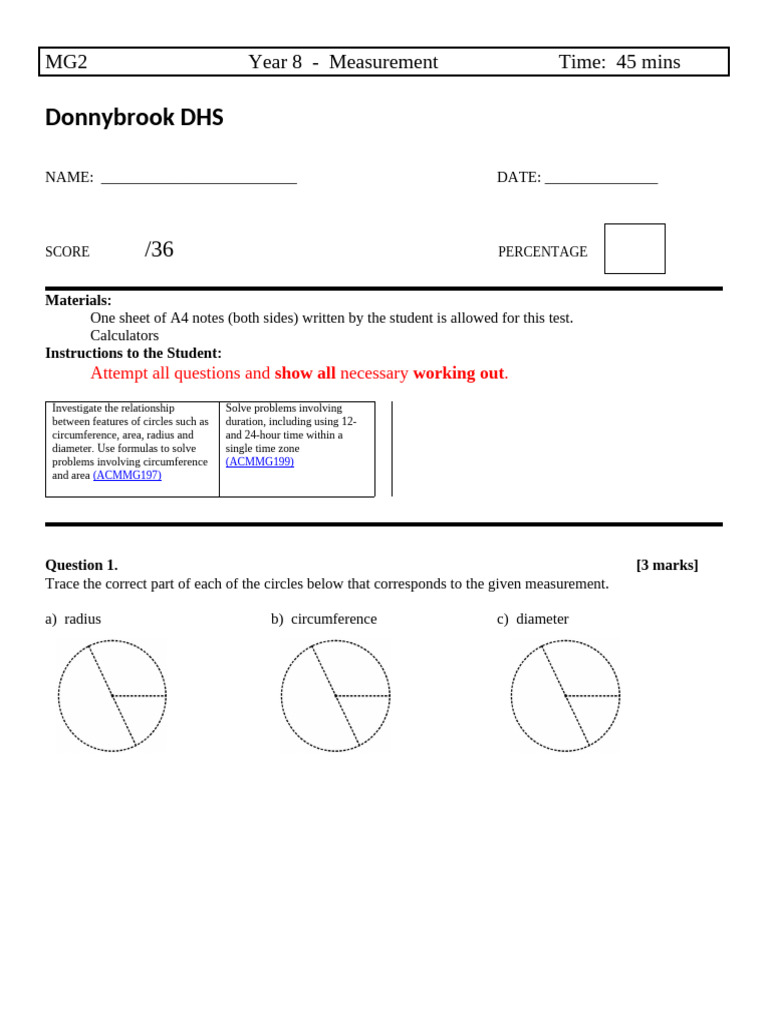 Year 8 Measurement Test Guide | PDF | Area | Elementary Geometry